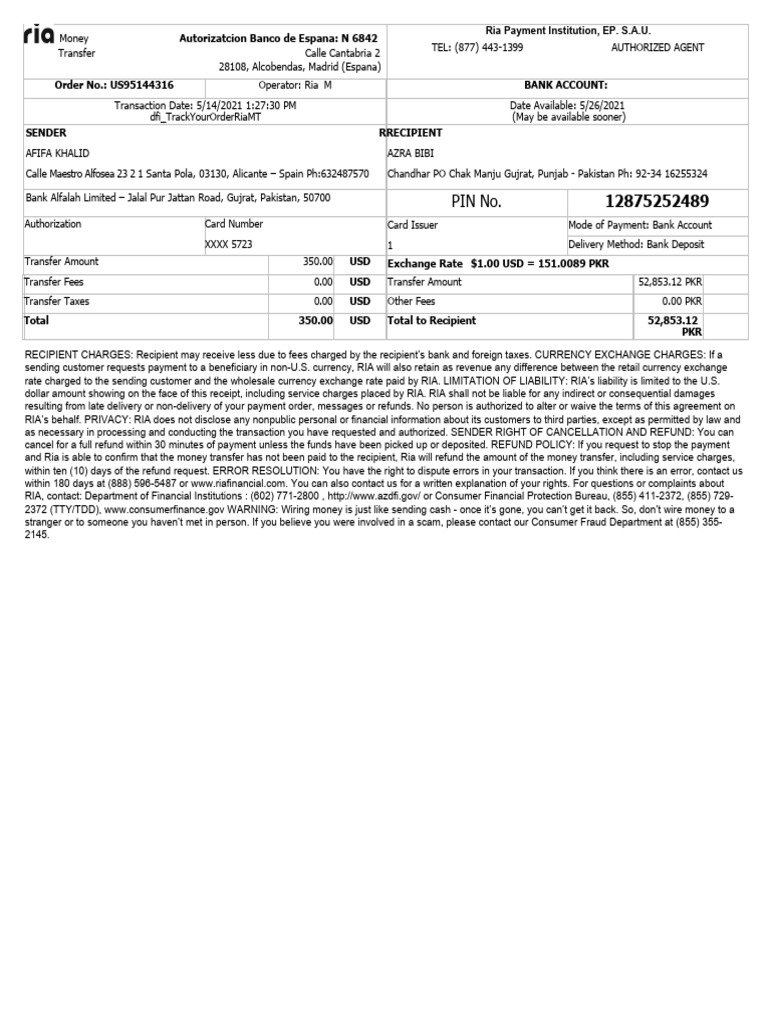 Ria Order Receipt US95144316 | PDF