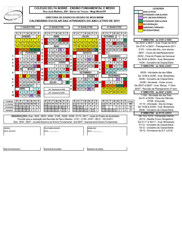 Calendário Escolar 2011: Colégio Delta | PDF