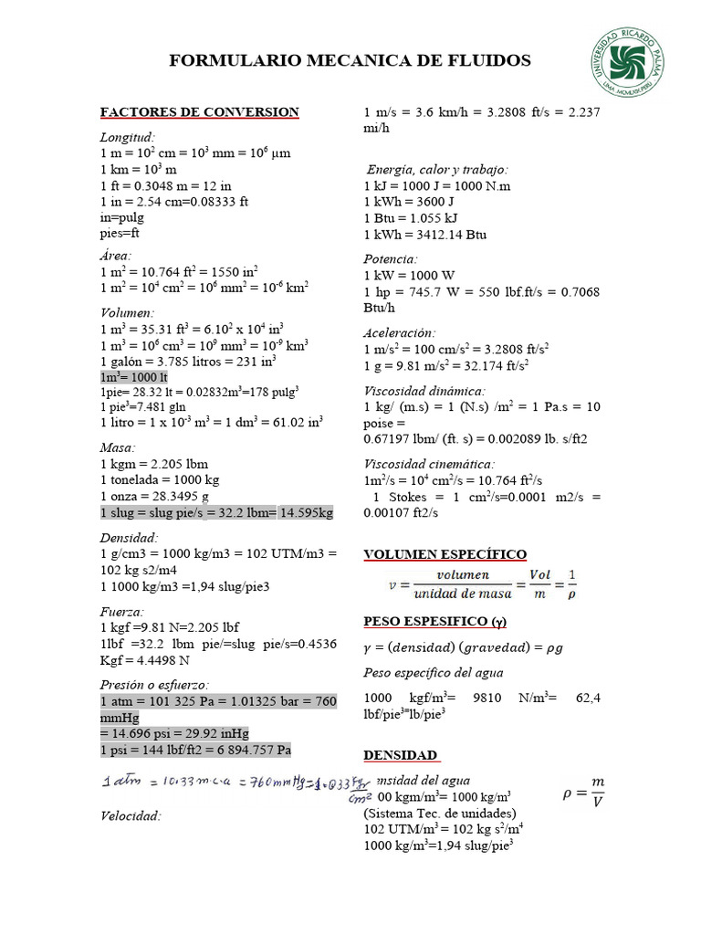 Formulario Mecanica de Fluidos | PDF | Presión | Viscosidad