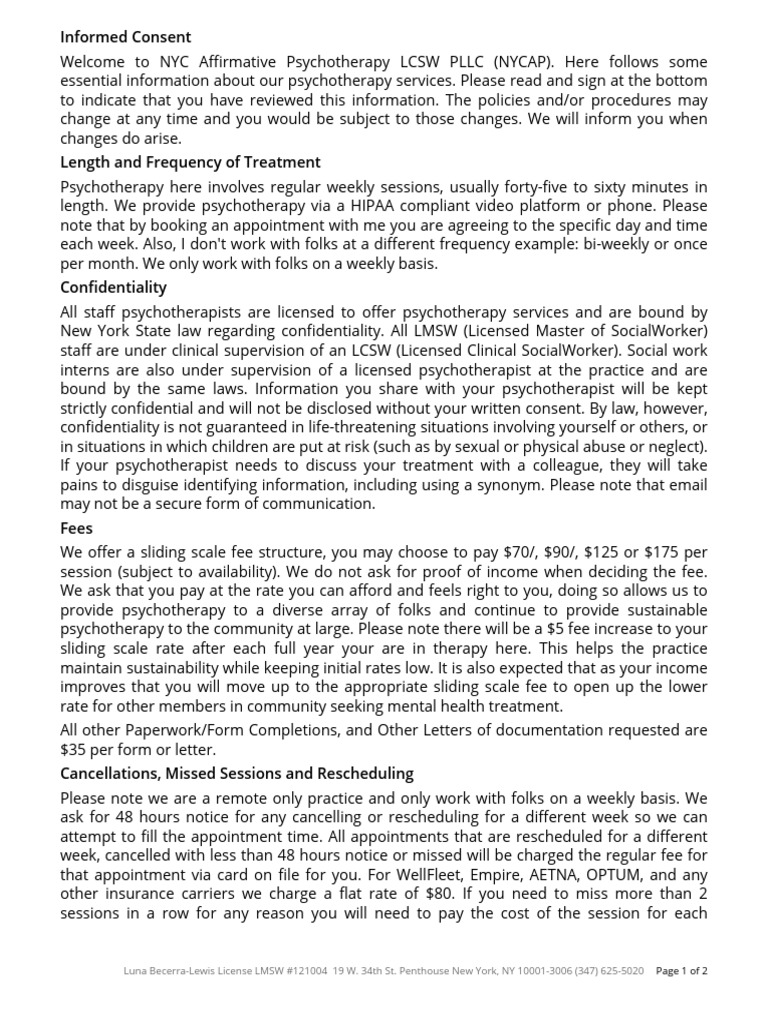 NYC Affirmative Psychotherapy Consent Form | PDF