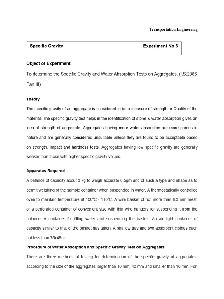 Specific Gravity and Water Absorption of Aggregates | PDF | Water | Weight