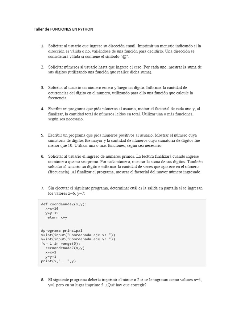 Taller de FUNCIONES EN PYTHON Sin Soluciã N | PDF | Python (lenguaje de ... Taller de FUNCIONES EN PYTHON Sin Soluciã N | PDF | Python (lenguaje de ...