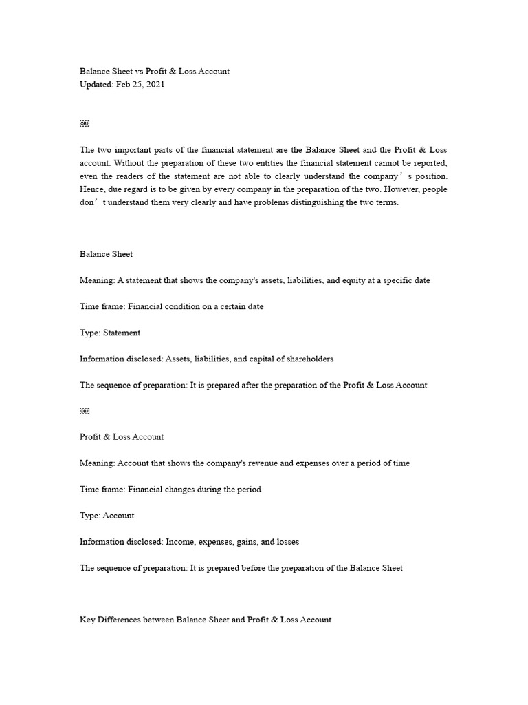 Balance Sheet vs Profit & Loss Explained | PDF | Politics | Travel