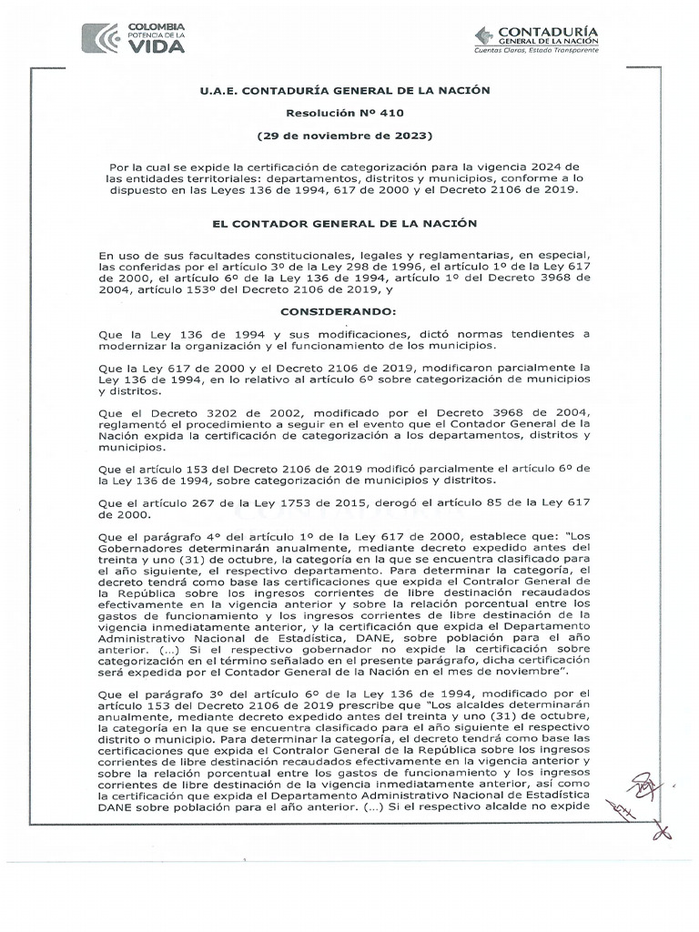 RESOLUCION No 410 DE 2023 - Certificacion de categorizacion vig 2024 | PDF