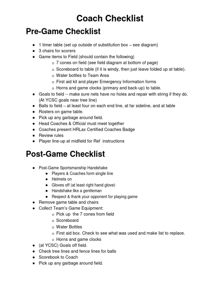 Pre-Game and Post-Game Checklist | PDF