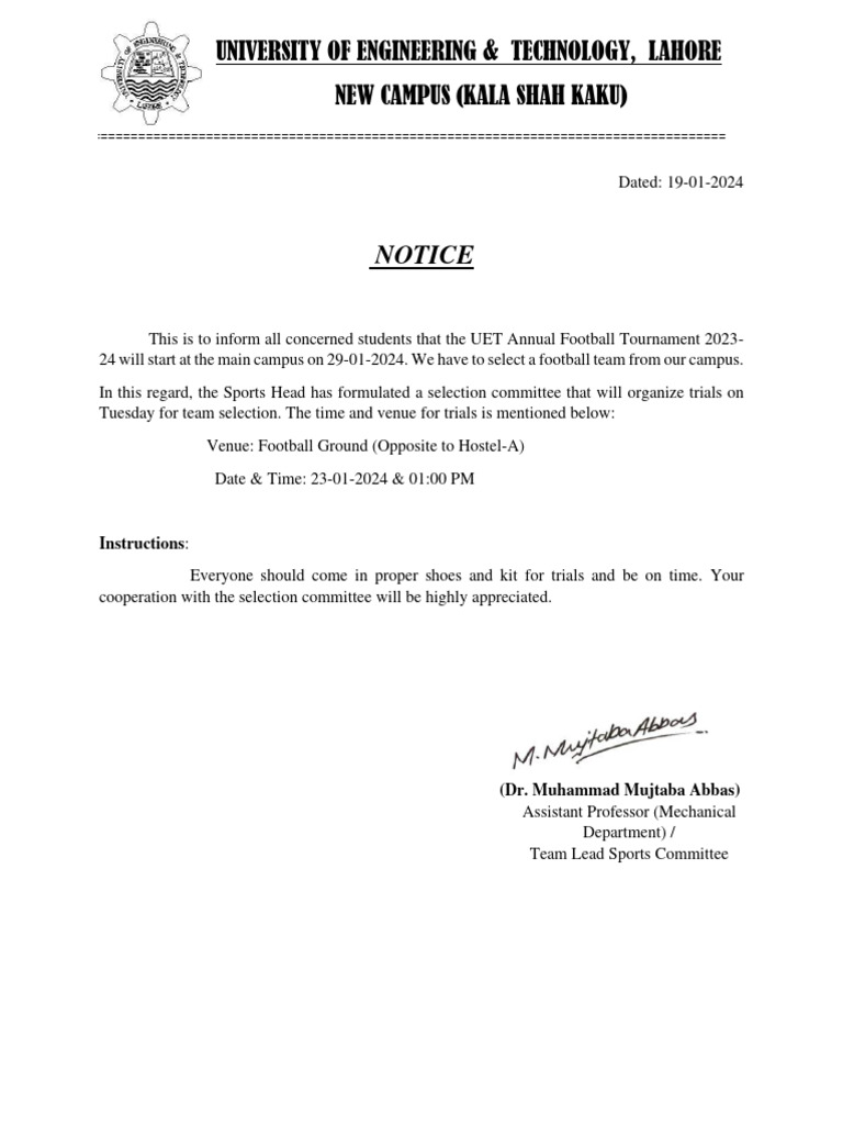 UET Football Team Selection Notice | PDF
