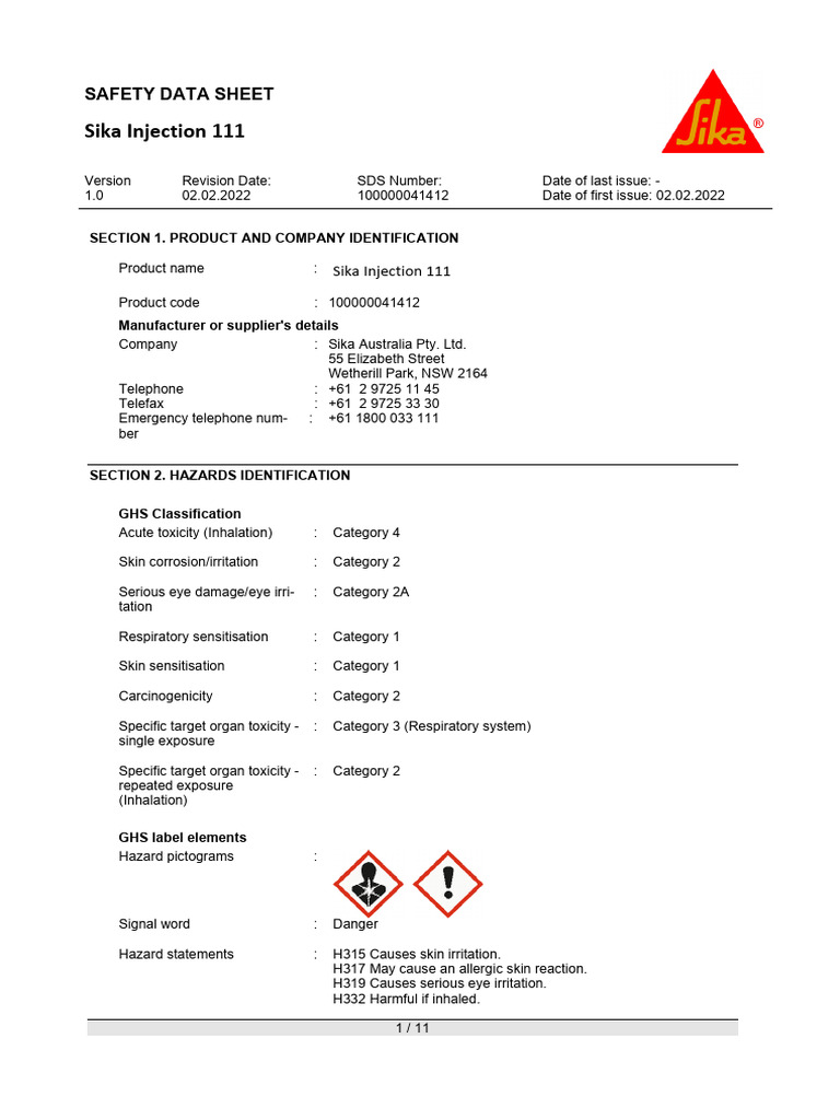 Sika® Injection-111 SDS | Download Free PDF | Toxicity | Chemistry