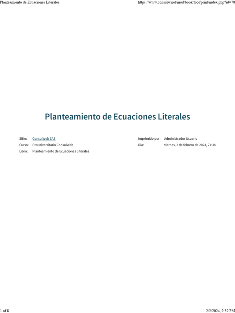 Planteamiento de Ecuaciones Literales | PDF | Ecuaciones | Pi