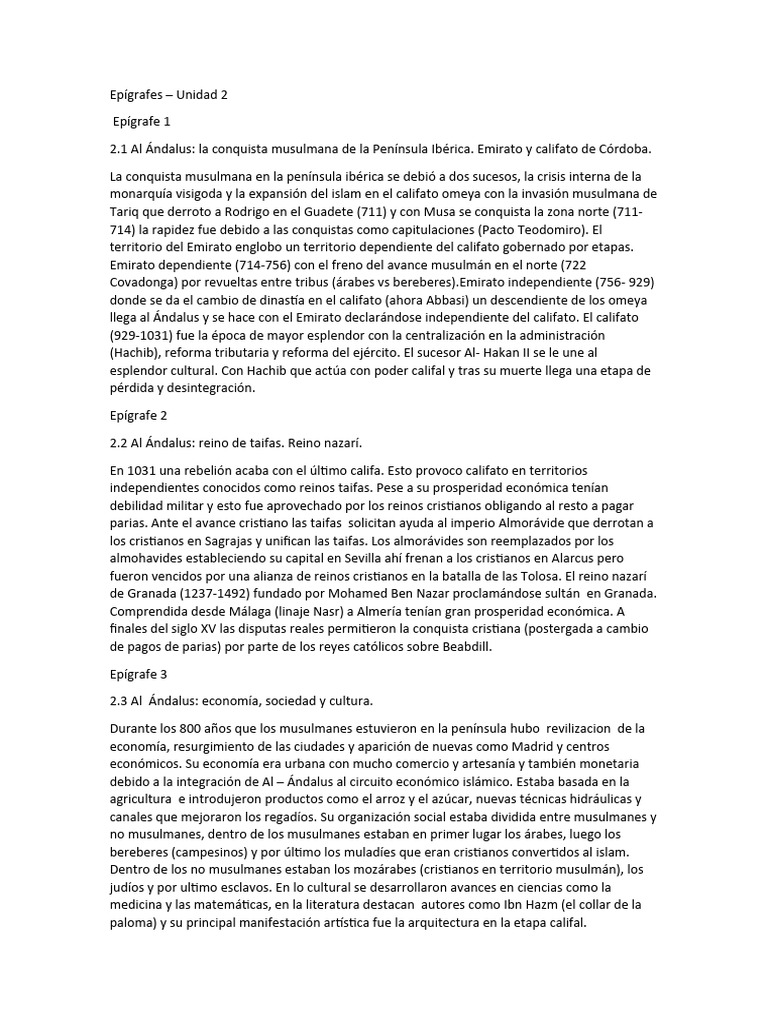 Epígrafes Unidad 2 Hechos | PDF | Al Andalus | Edades medias