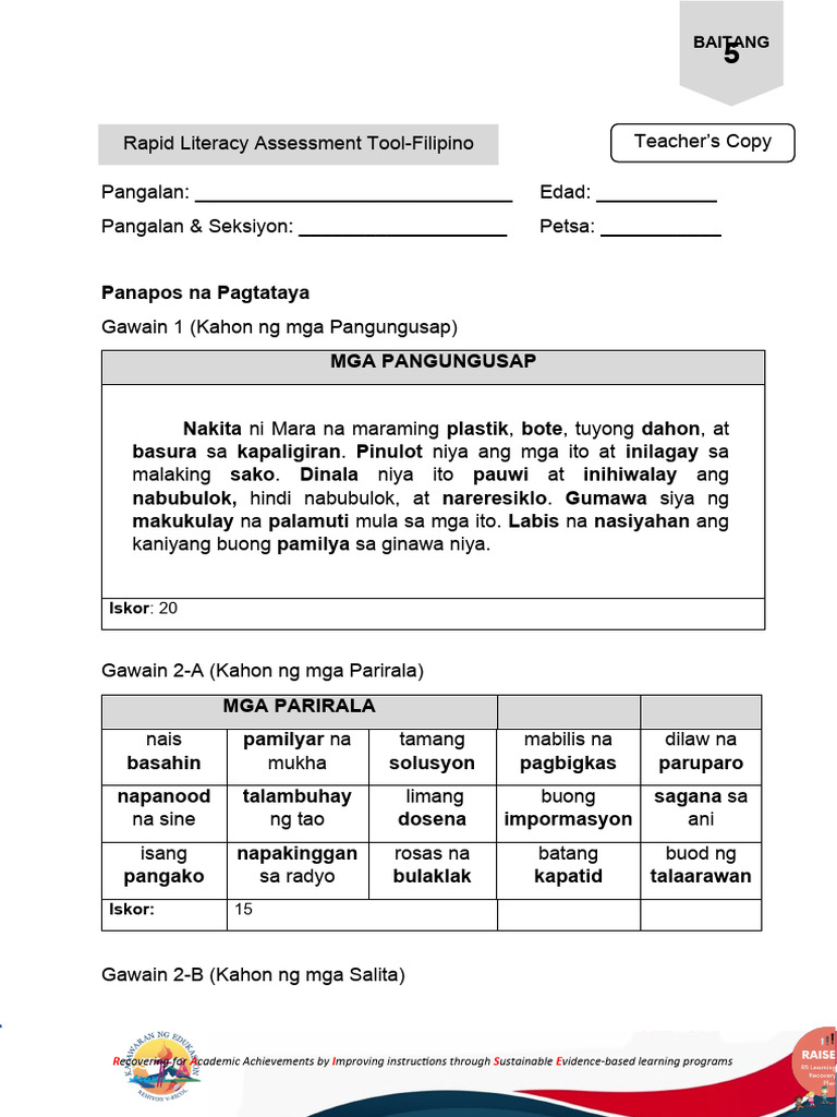 Rla Fil Grade5 Posttest Final Copy Pdf