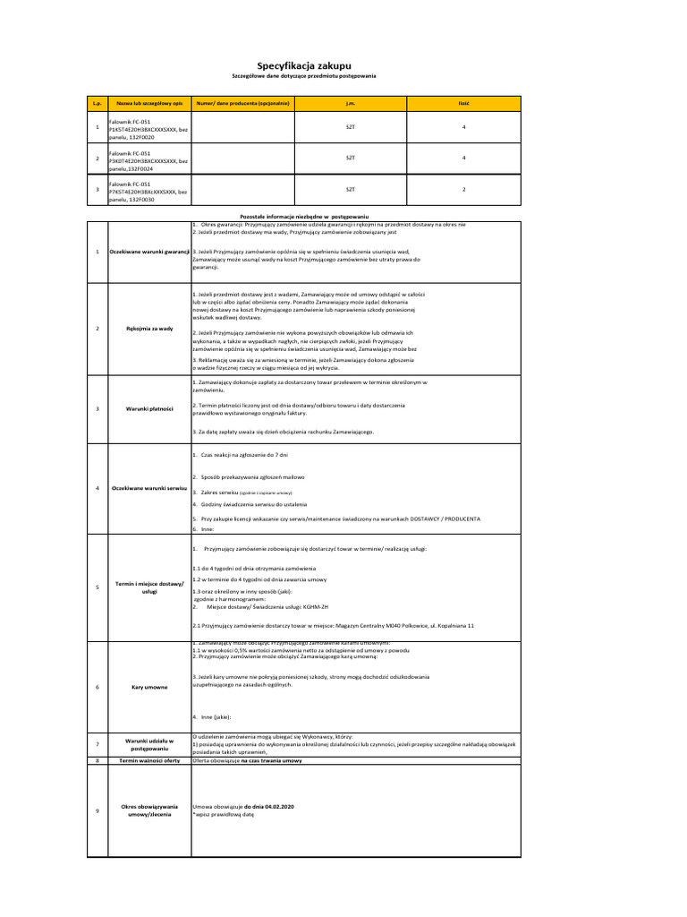 Specyfikacja Zakupu | PDF