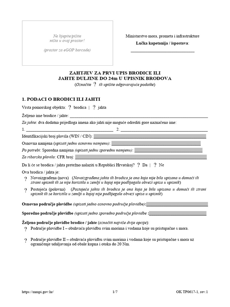 Zahtjev Za Prvi Upis Brodice Ili Jahte Duljine Do 24m U Upisnik Brodova ...