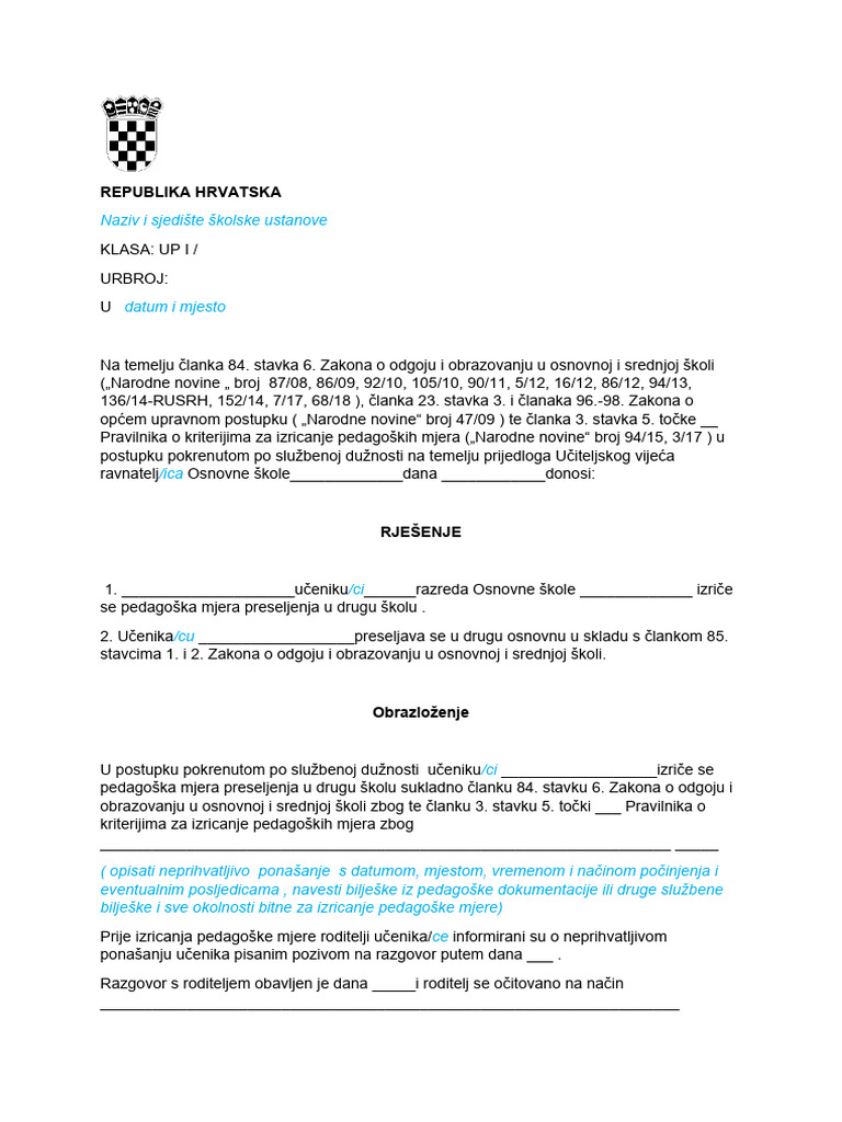 Rješenje o Pedagoškoj Mjeri Preseljenja U Drugu Školu | PDF