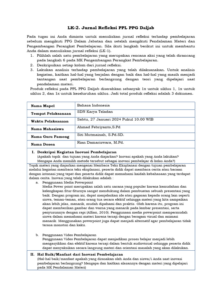 Produk Bahan Refleksi Siklus 2 (Ahmad Febriyanto, S.PD) | PDF