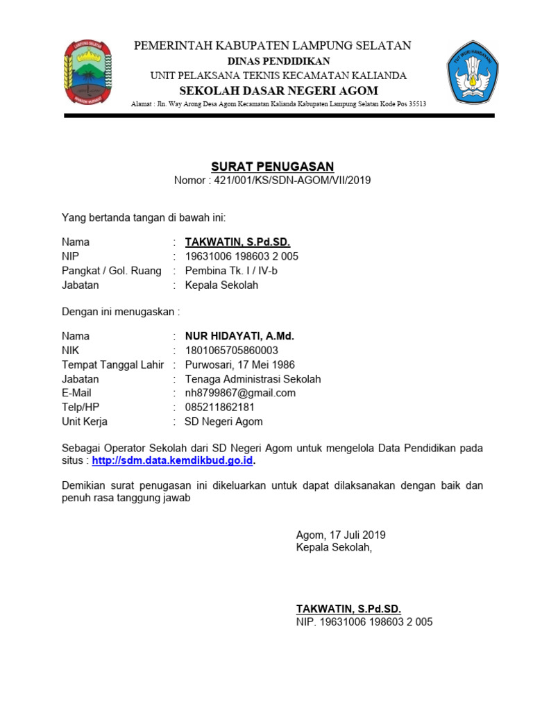 Surat Penugasan SD Negeri Agom 2019 | PDF