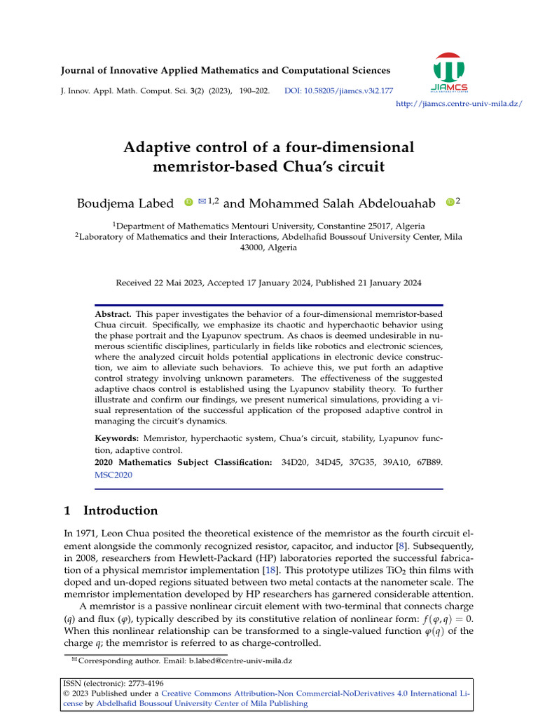 Adaptive Control Of A Four Dimensional Memristor Based Chuas Circuit