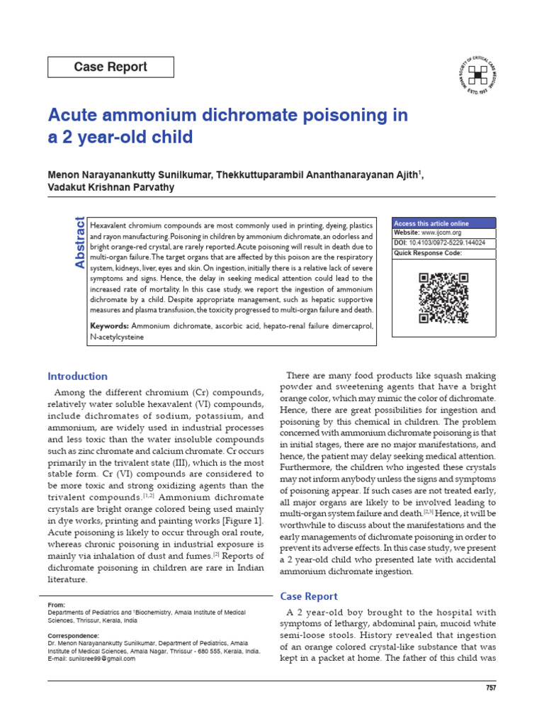 Acute Ammonium Dichromate Poisoning in A 2 Year-Ol | PDF | Chromium ...