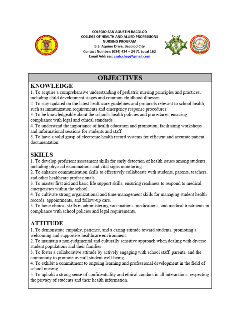 OBJECTIVES- SCHOOL NURSING | PDF