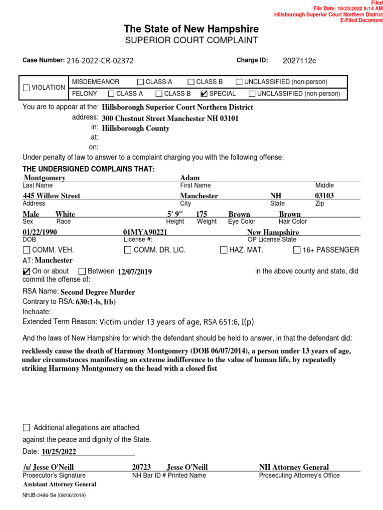 2022-10-25 Superior Court Complaint 2nd Degree Murder Adam Montgomery ...