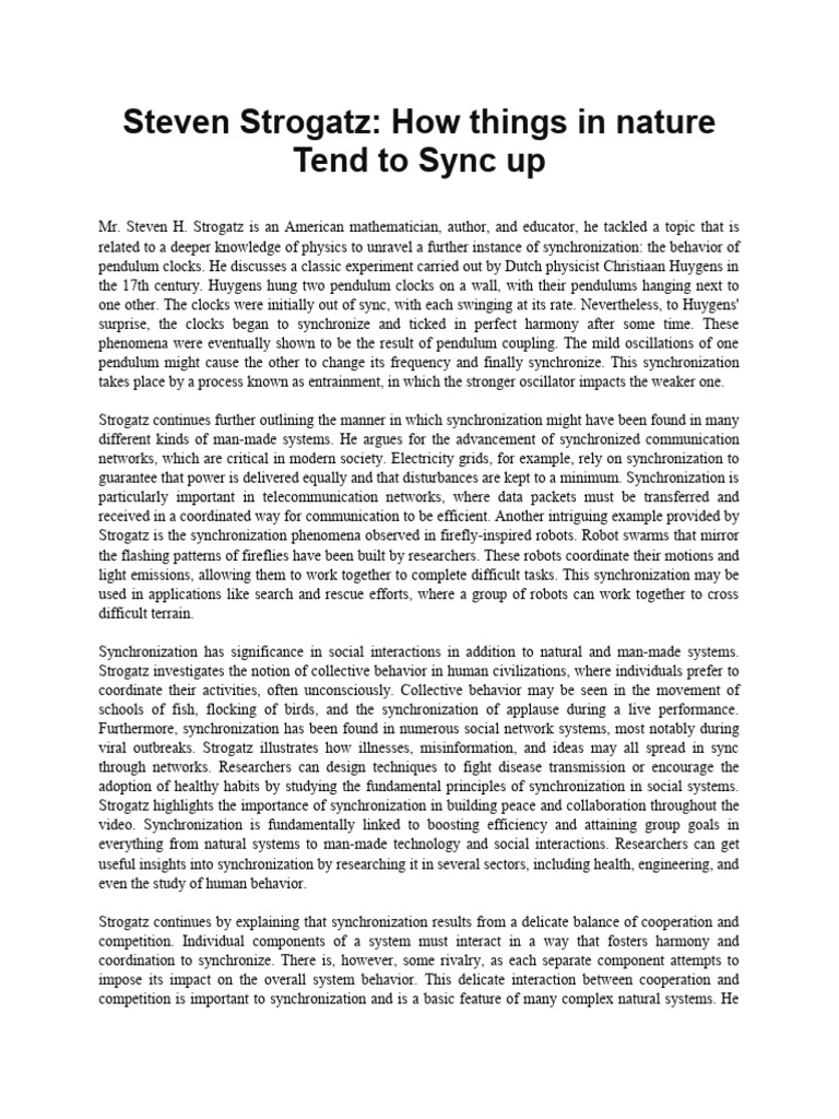 Steven Strogatz How Things in Nature Tend To Sync Up | PDF