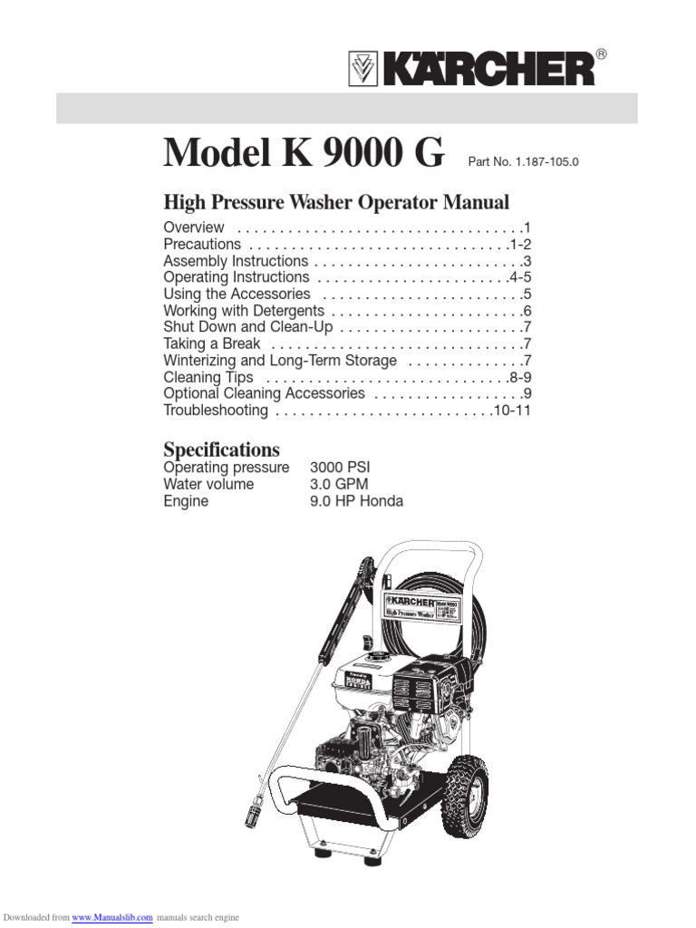 Model K 9000 G: High Pressure Washer Operator Manual | PDF | Washing Machine | Pump