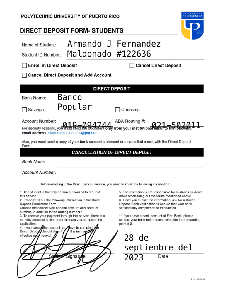 2021 - Direct Deposit Form - Students | Download Free PDF | Banks ...