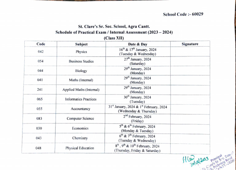 Class XII Practical Exam Schedule | PDF