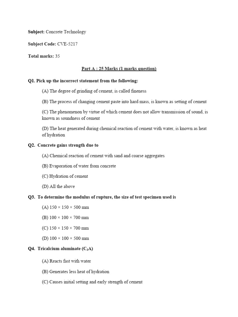Question Paper Concrete Technology | PDF | Concrete | Cement