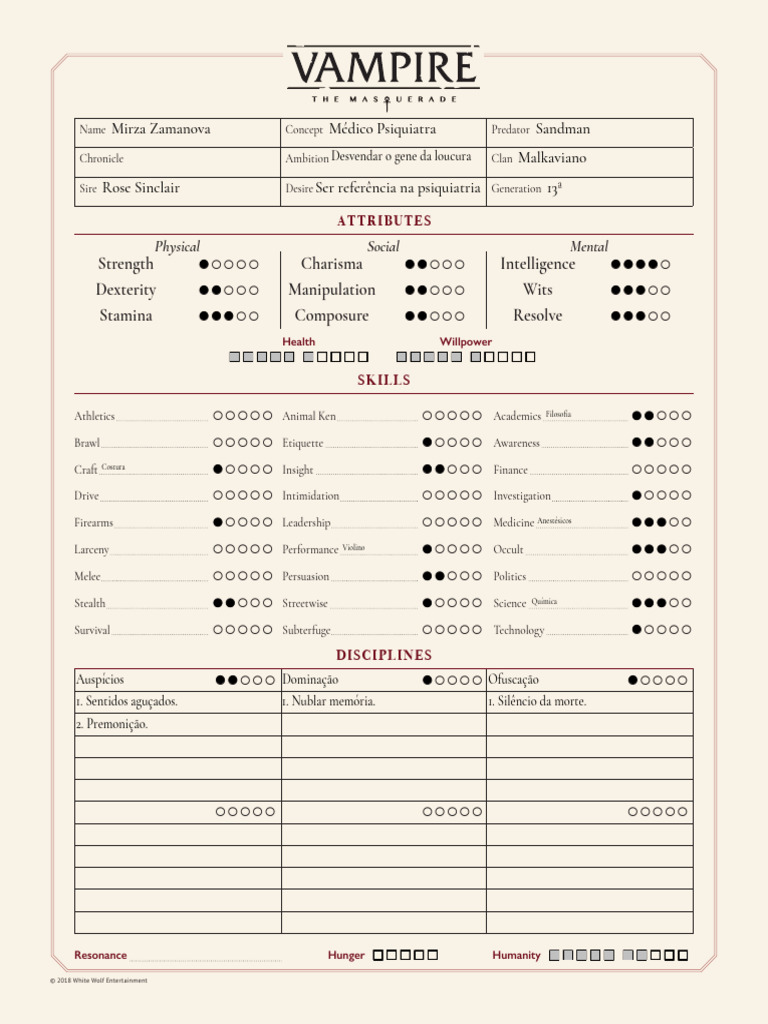 Vampiro V5 - Ficha Mirza Zamanova (Malkaviano) | PDF