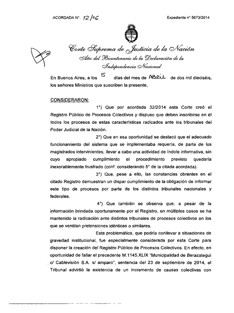 CSJN Acordada 12-2016 - REGLAMENTO DE ACTUACION EN PROCESOS COLECTIVOS ...