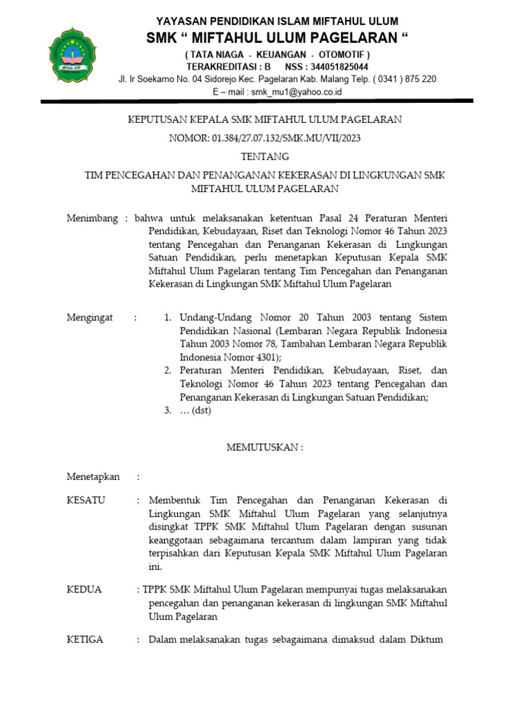 Lampiran 2_ Contoh SK Kepala Satuan Pendidikan Pembentukan TPPK | PDF