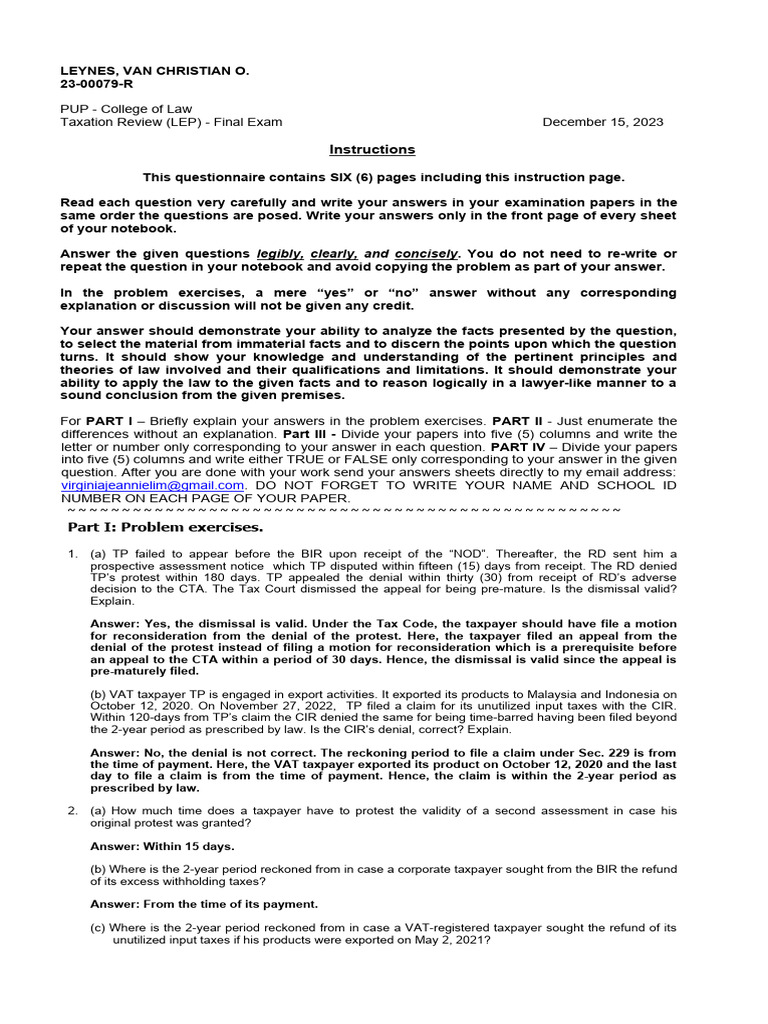 PUP Final Exam Tax. Rev 2023 | PDF