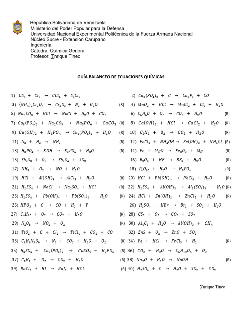 Guía Balanceo de Ecuaciones Químicas I | PDF
