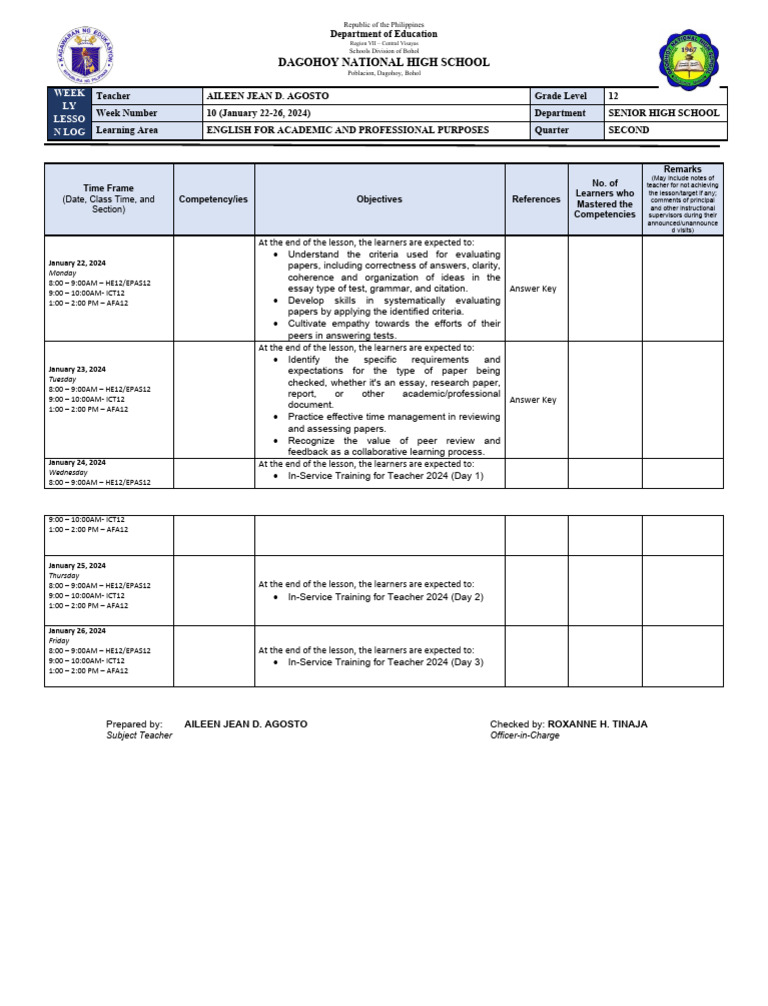 Week 10 Lesson Log in EAPP | PDF | Teachers | Learning