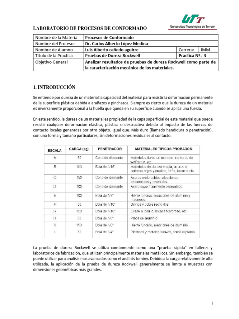 Practica No. 1 Dureza Rockwell UTT Conformado LUIS CAÑEDO | PDF