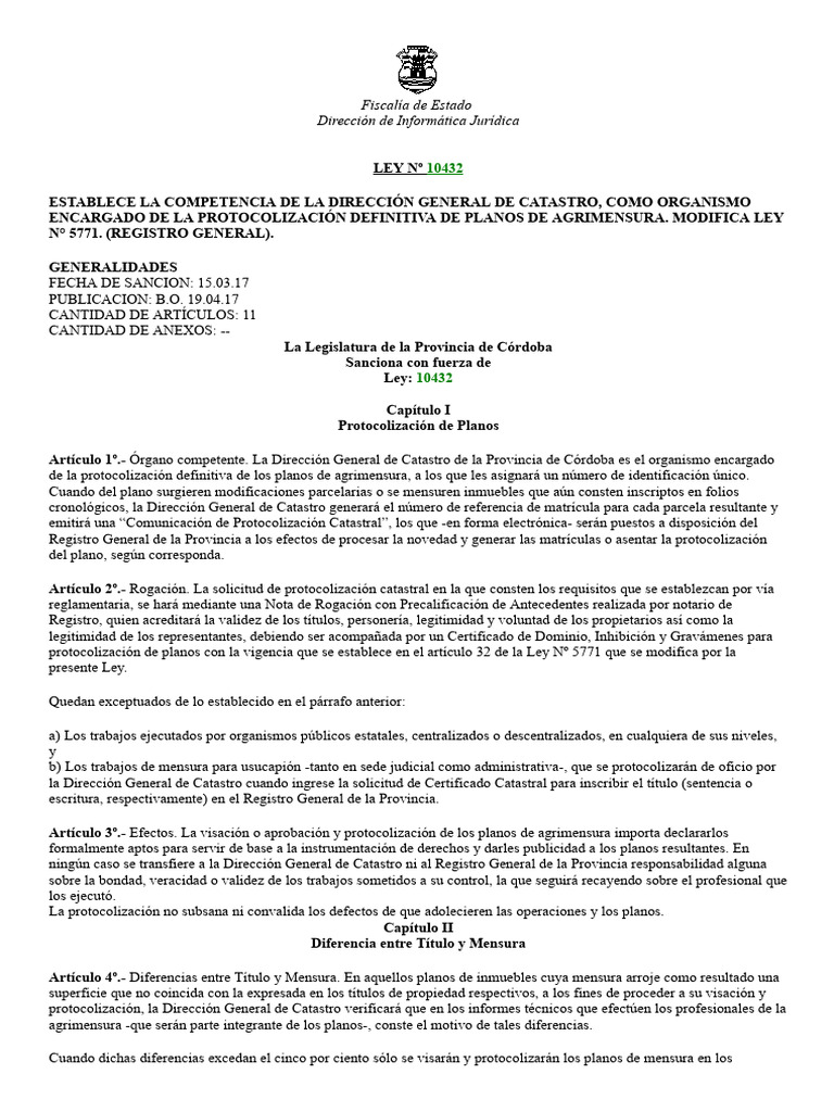 Ley Cba N°10432 - Protocolización de Planos | PDF | Justicia | Crimen y violencia