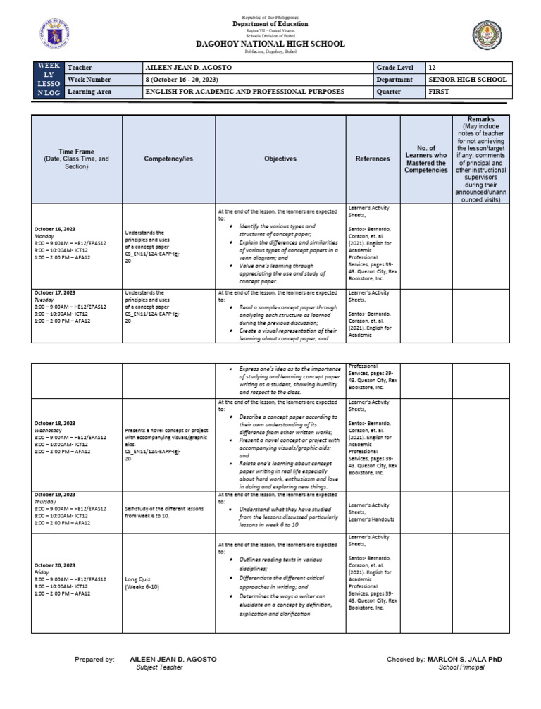 Week 8 Lesson Log in EAPP | PDF Week 8 Lesson Log in EAPP | PDF