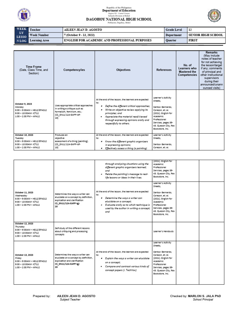 Week 7 Lesson Log in EAPP | PDF | Learning | Pedagogy