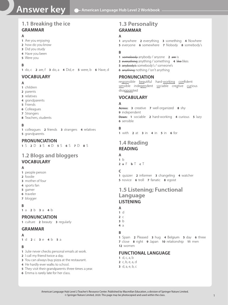 American Language Hub 2 Workbook Key | PDF