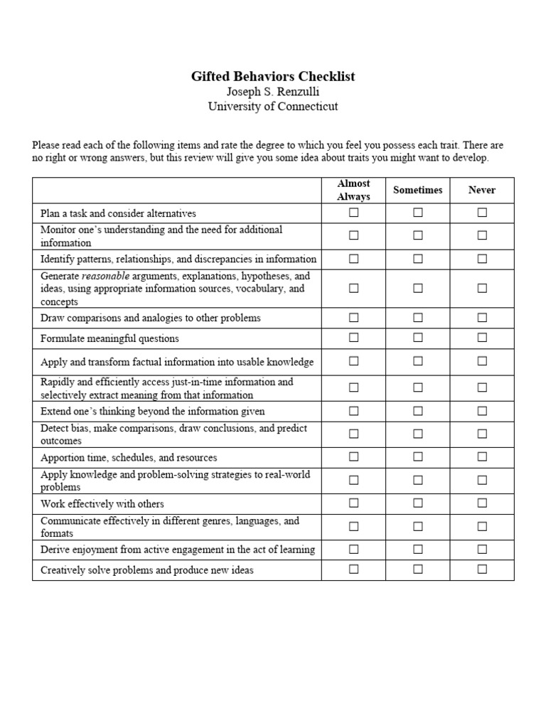 Gifted Behaviors Self-Assessment Checklist | PDF | Information | Psychology