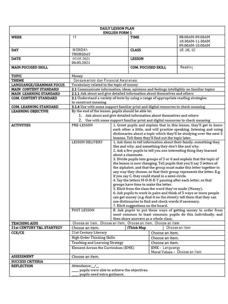 RPH Form 1 and 2 | PDF | Lesson Plan | Learning