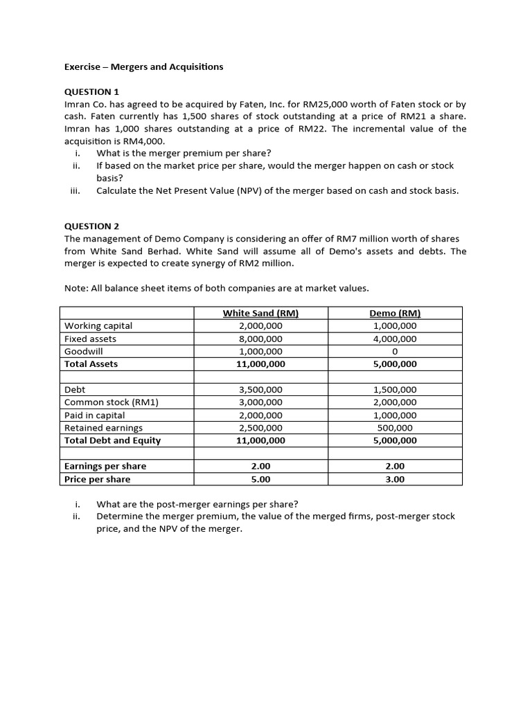 Mergers and Acquisitions Exercise Analysis | PDF