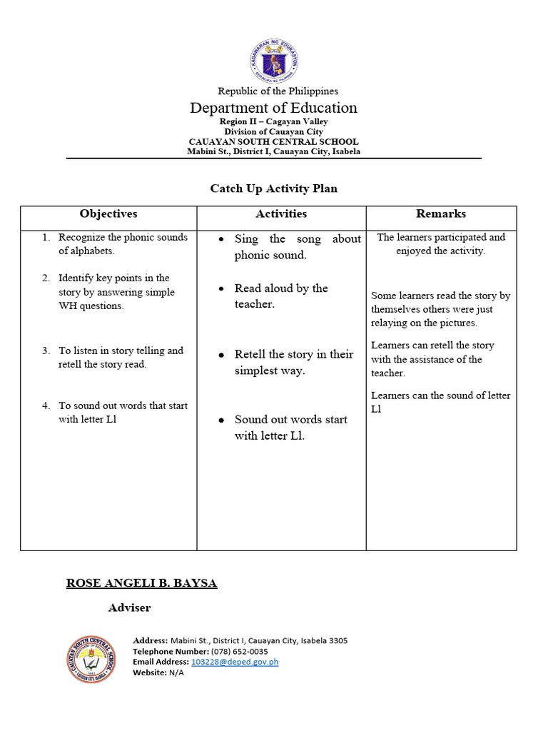 Catch Up Activity Plan Rose - Angeli - Baysa | PDF