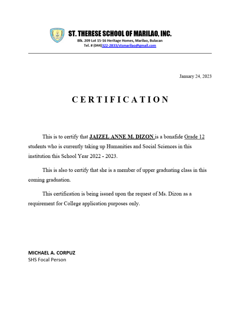 Grade 12 Enrollment Certification | PDF