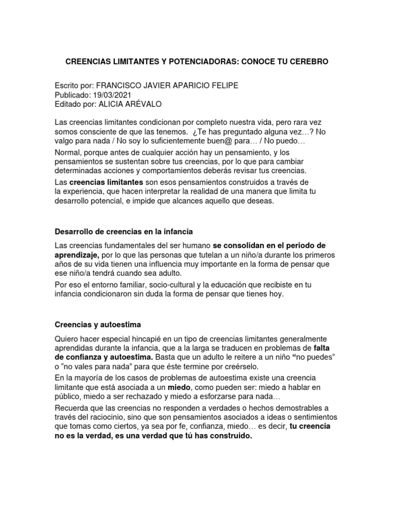 Creencias Limitantes y Potenciadoras | PDF | Pensamiento | Autoestima