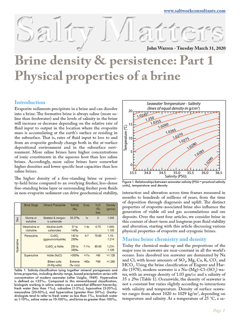 Physical Properties of Brine | PDF | Salinity | Seawater
