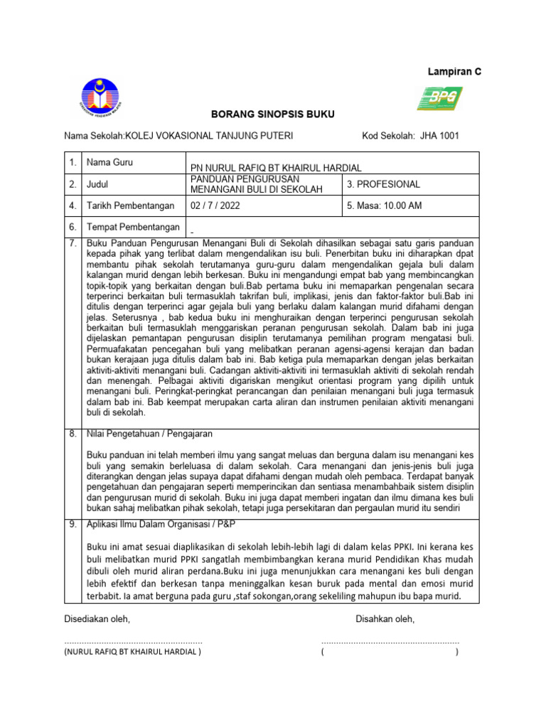 Contoh Sinopsis Buku 3 - SPLKPM | PDF