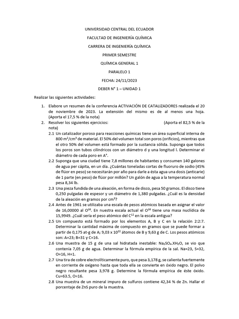 Deber #1 QG1 Unidad 1 P1 2023-2024 | PDF | Agua | Naturaleza