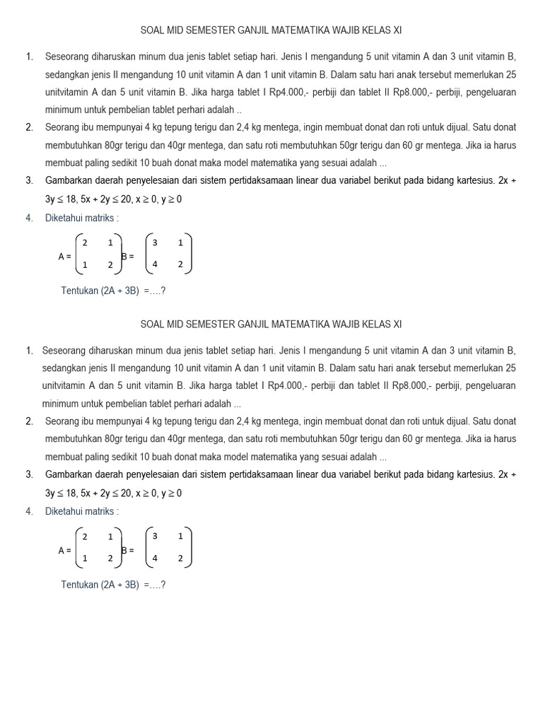 SOAL MID SEMESTER GANJIL MATEMATIKA WAJIB Dan PMTN KELAS XI | PDF | Metode & Bahan Ajar