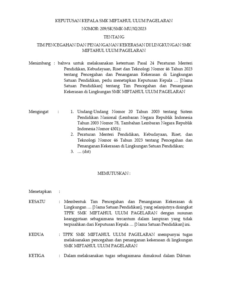 Lampiran 2 - Contoh SK Kepala Satuan Pendidikan Pembentukan TPPK | PDF